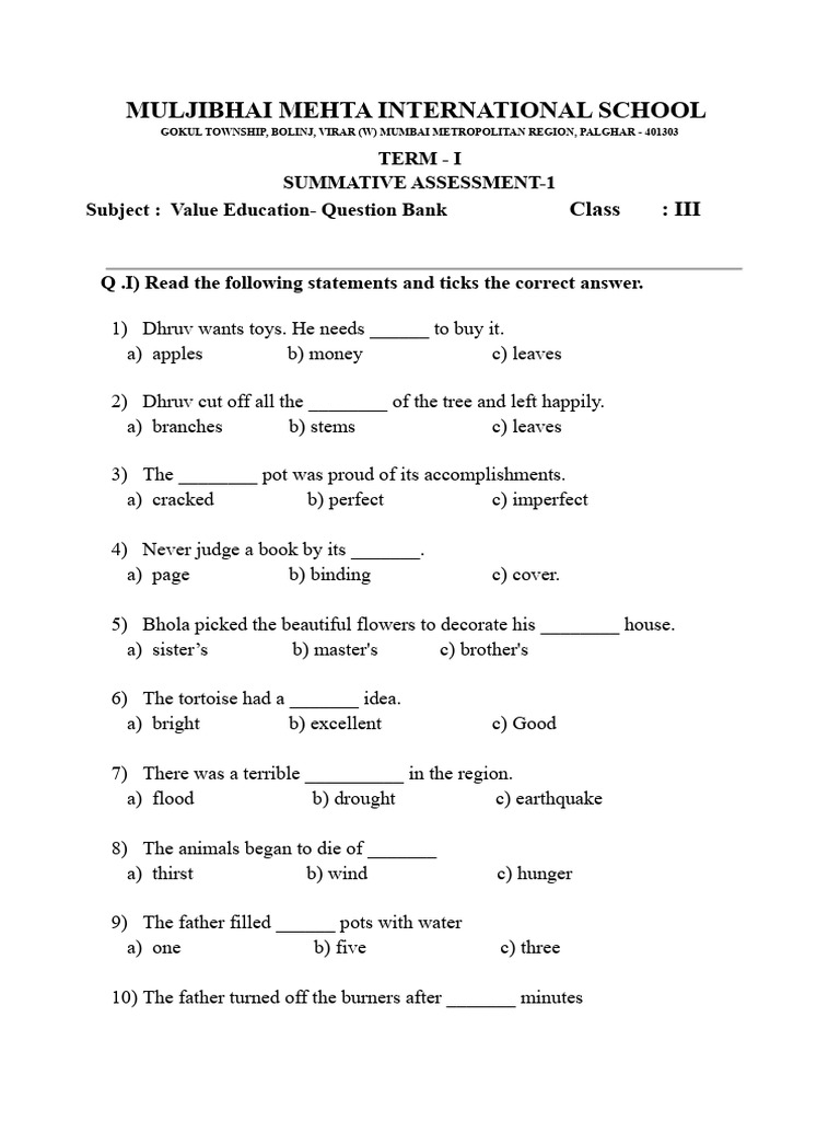 Value Education Question Bank for Class 3 | PDF | Foreign Language ...