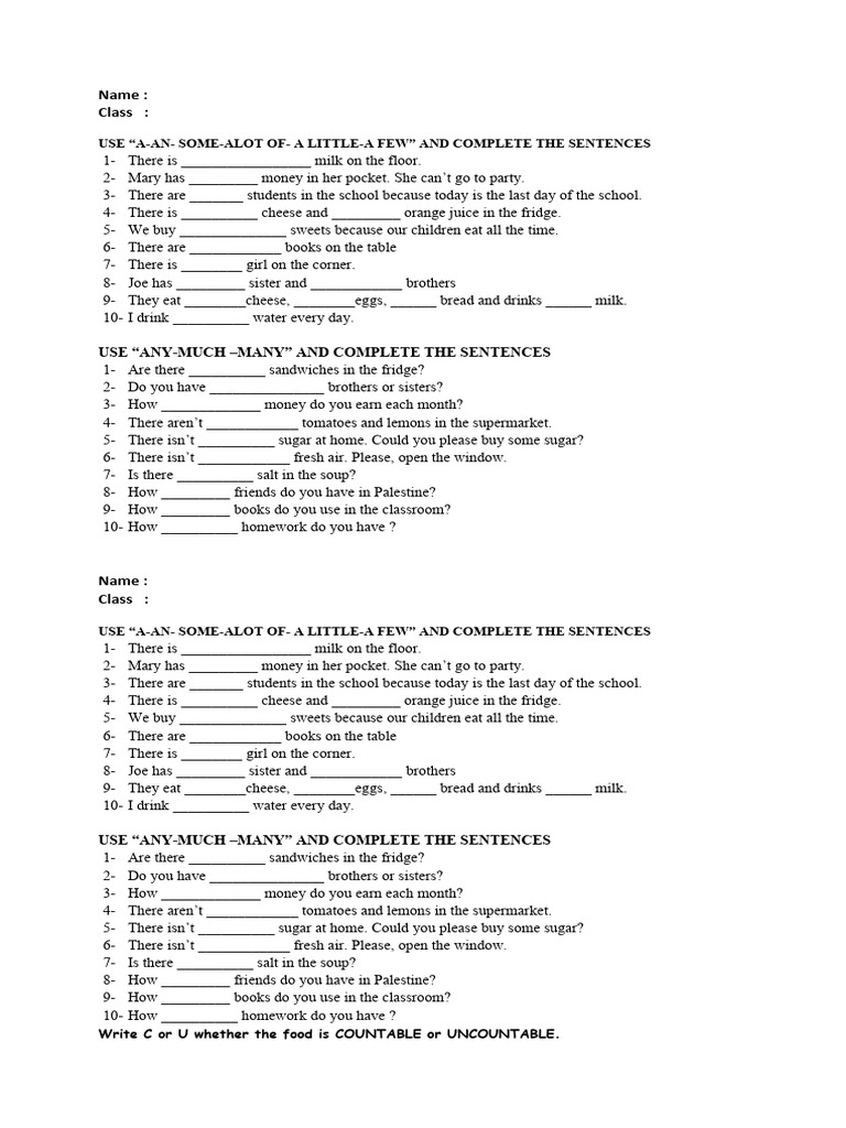 Grammar Exercises: Countable & Uncountable Nouns | PDF | Biscuit | Foods
