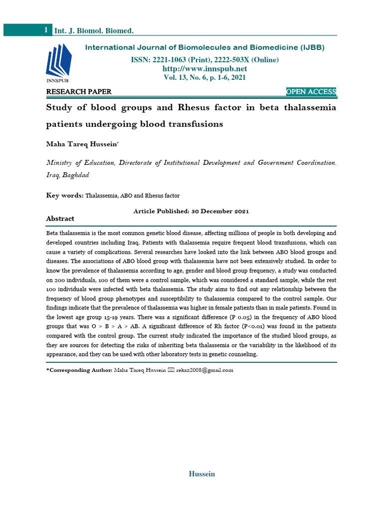 Study of Blood Groups and Rhesus Factor in Beta Thalassemia Patients ...