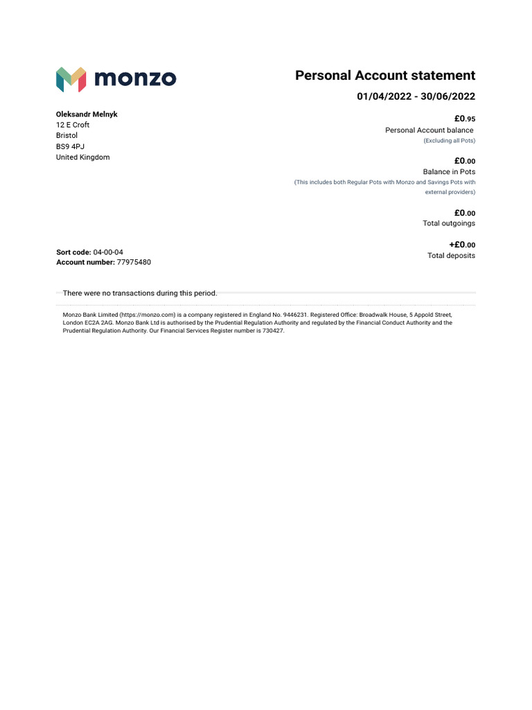 Monzo Bank Statement 2022 04 01 2022 06 30 OleksandrMelnyk 1 | PDF ...