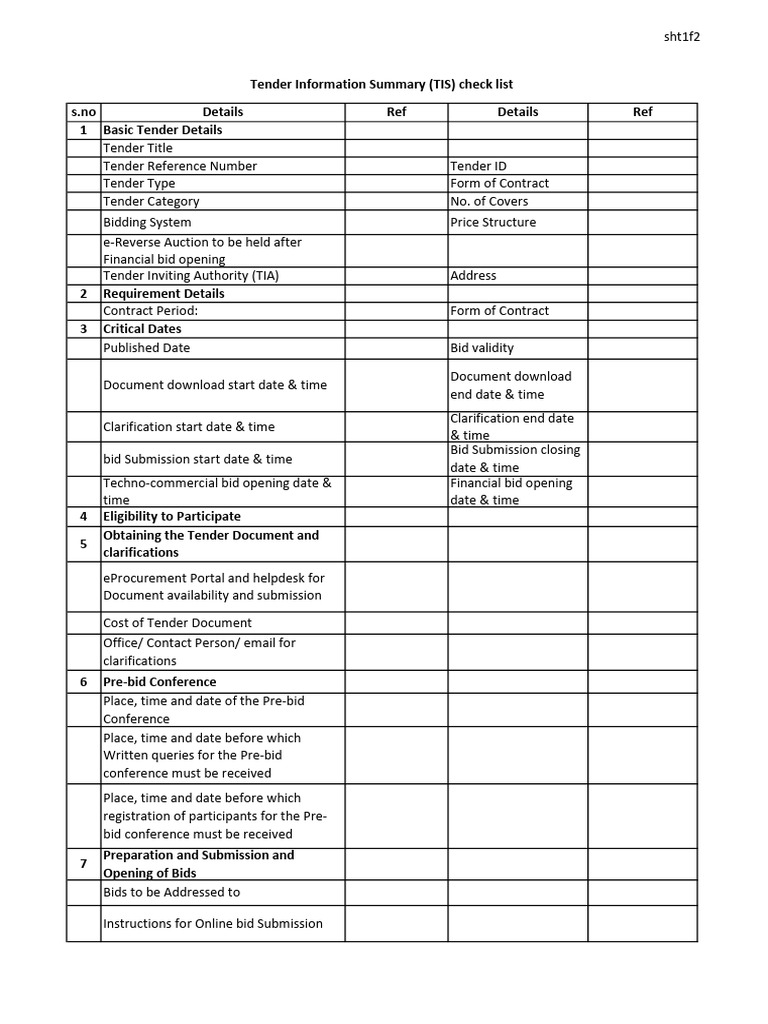 Tendor Information Summary Check List | PDF