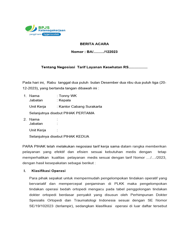 Berita Acara Klasifikasi Operasi PLKK Addendum | PDF