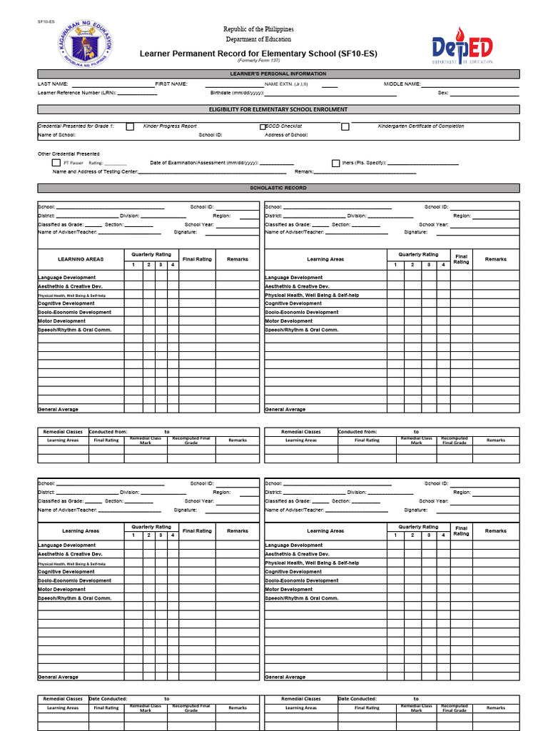 Learner Personal Information Form SF10-ES | PDF