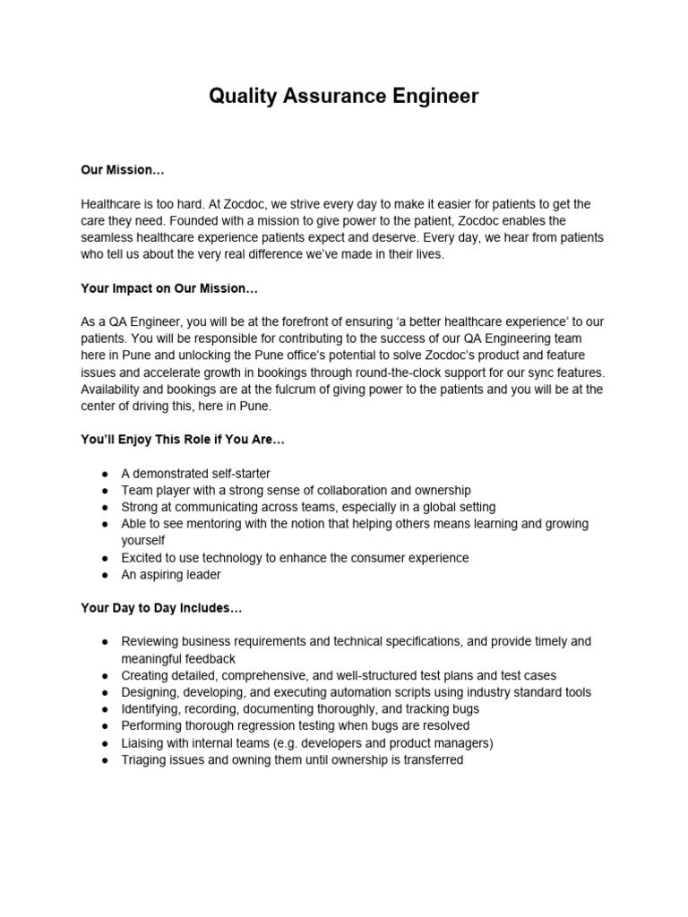 Quality Assurance Engineer - Job Description | PDF | Quality Assurance ...