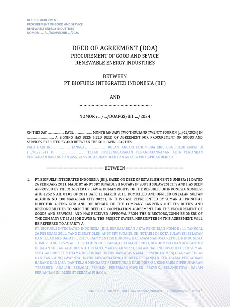 Draft Deed of Agreement | PDF | Energy Development | Sustainable Energy