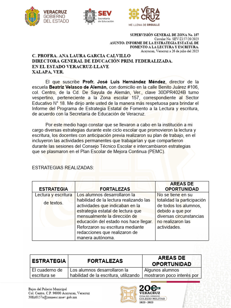 Informe Escolar de Lectura | PDF