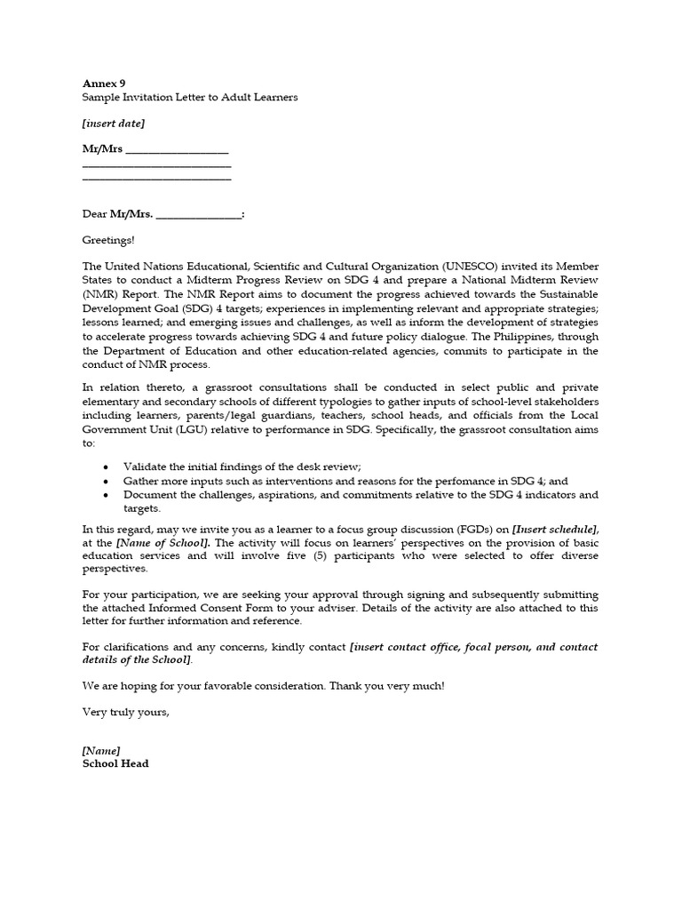 Annex 9 - Sample Invitation Letter To Adult Learners | PDF