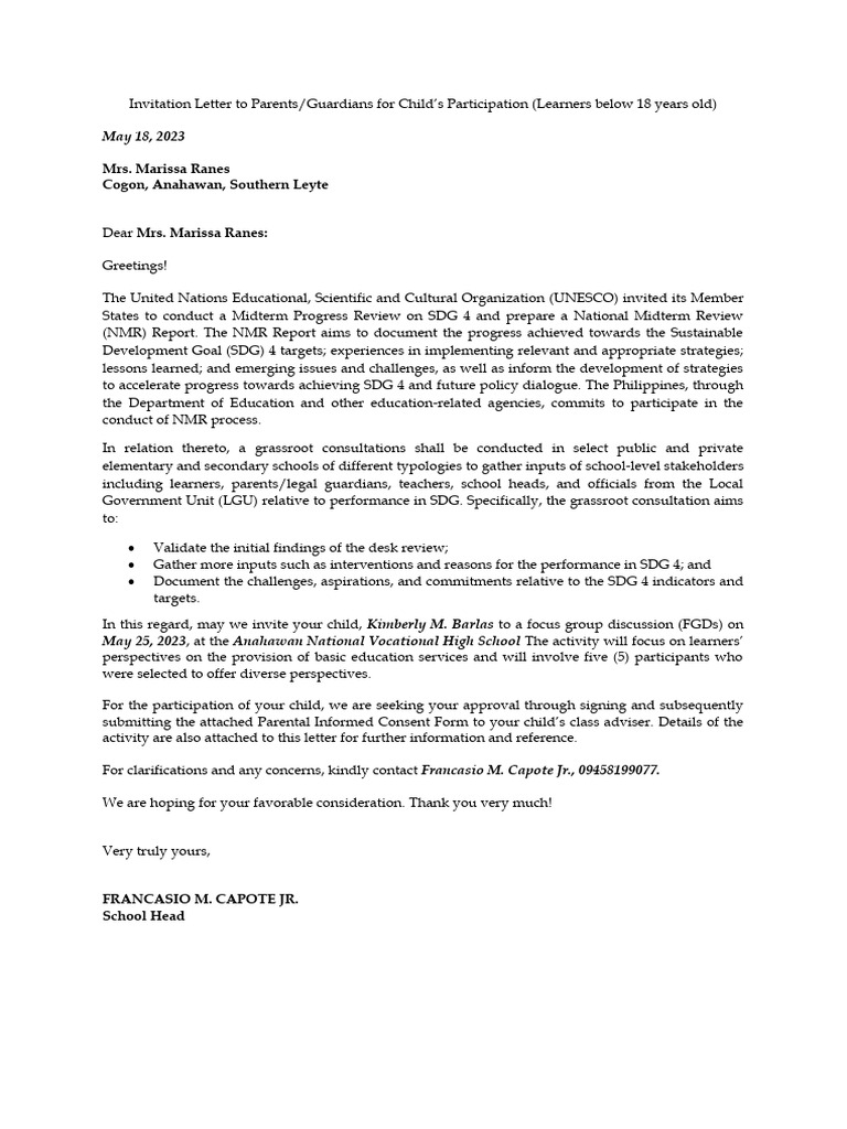 Annex 8_Sample Invitation Letter to Parents and Guardians for Childs ...