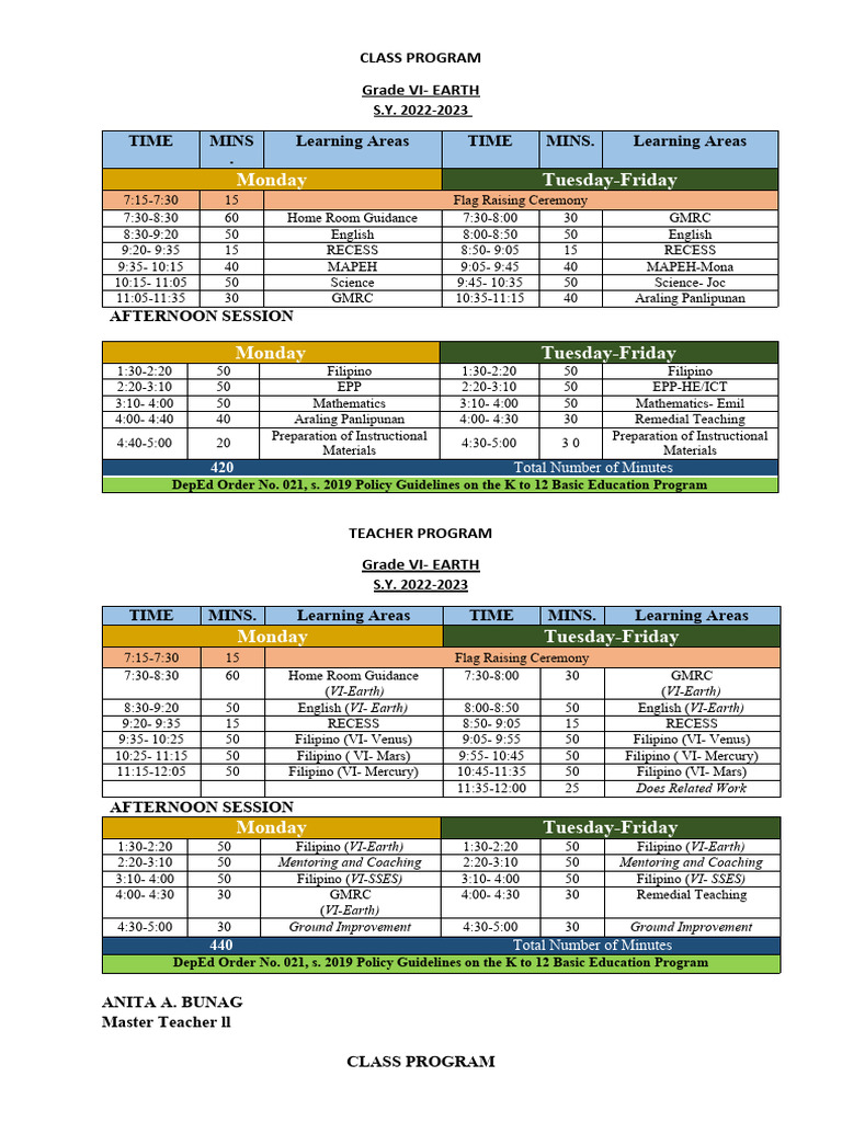 GR 6 Class Program | PDF