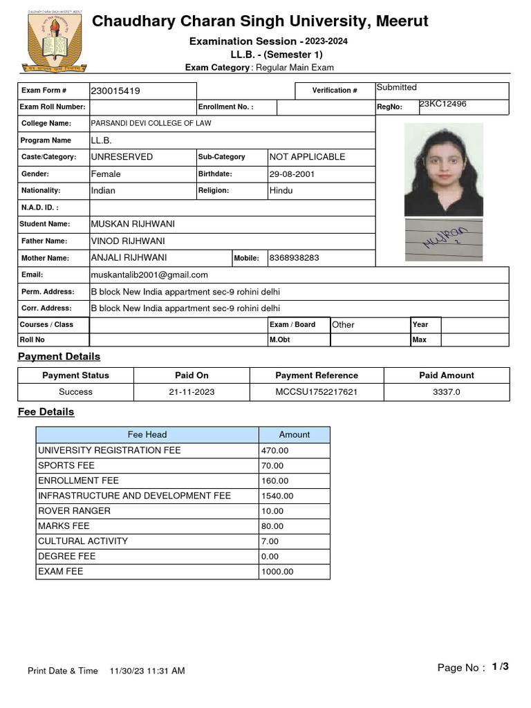 Student Exam Form | PDF | Justice | Crime & Violence