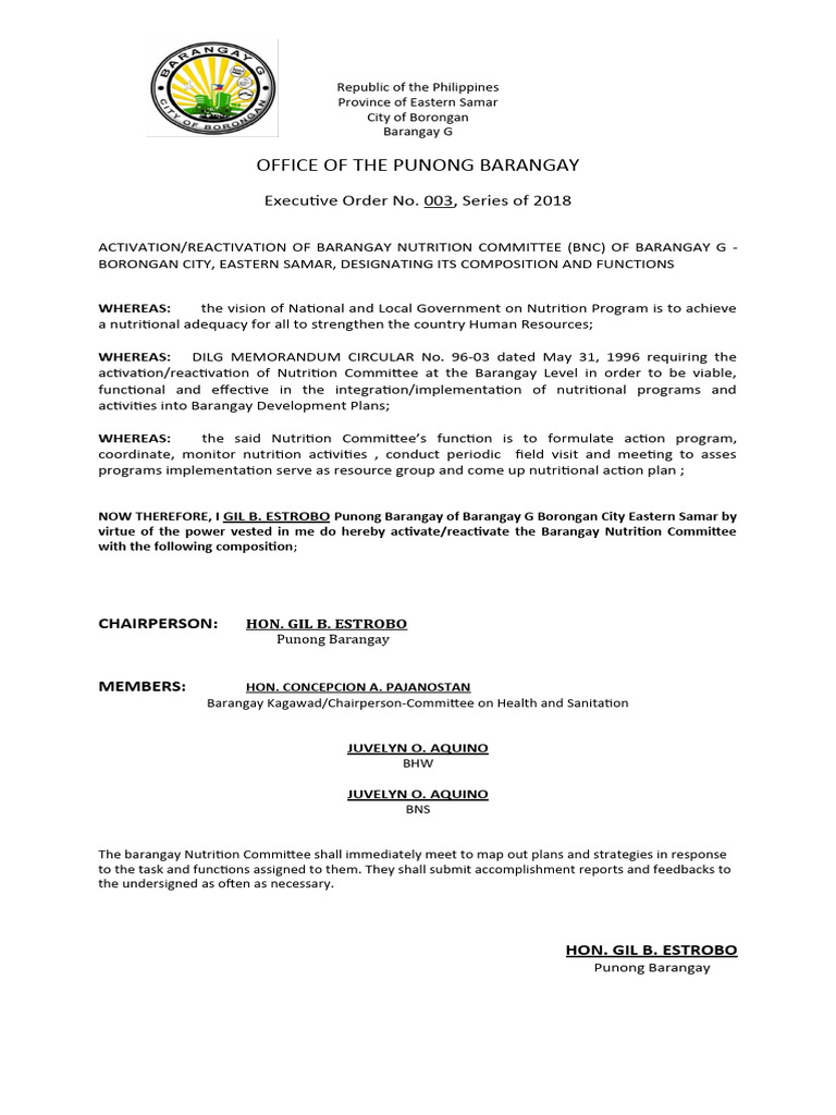 Executive Order 003-BNC | PDF | Wellness