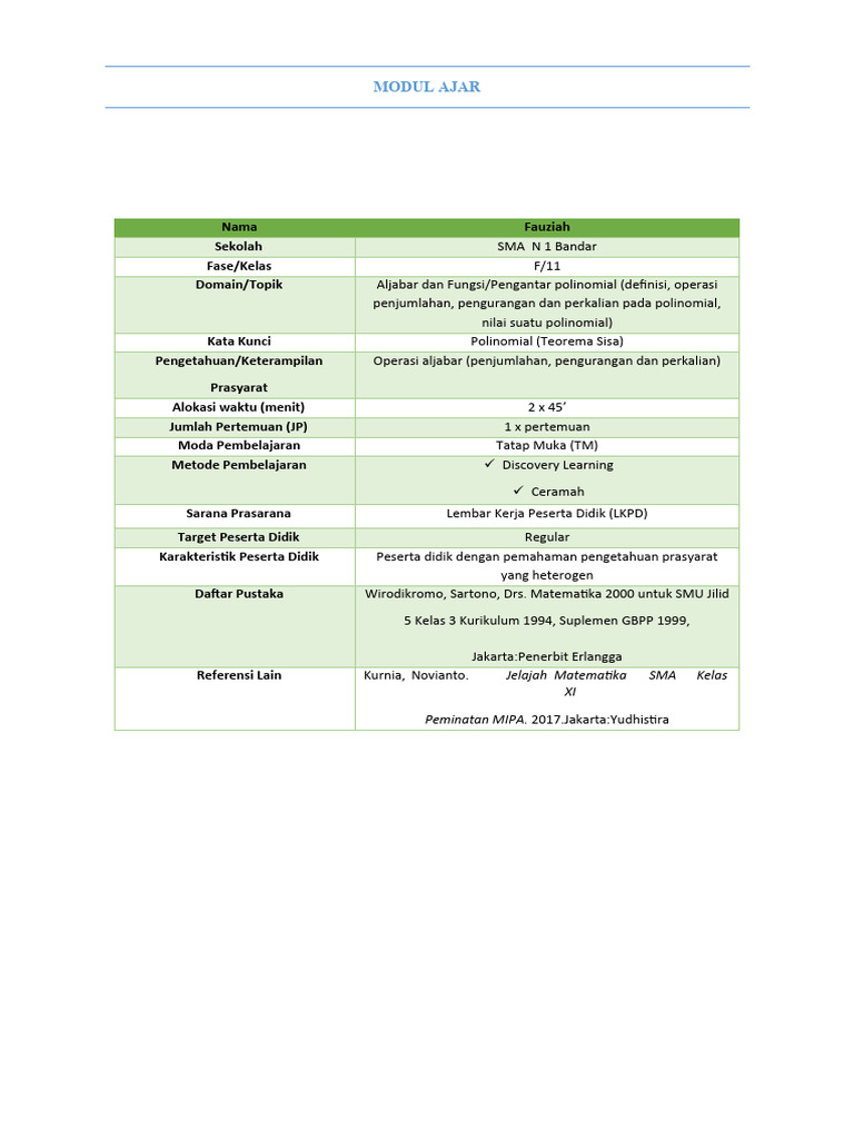MODUL AJAR Polinomial Lengkap | PDF