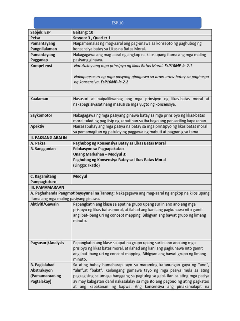 _EsP10_Q1_Lesson-Plan3_Q1 | PDF