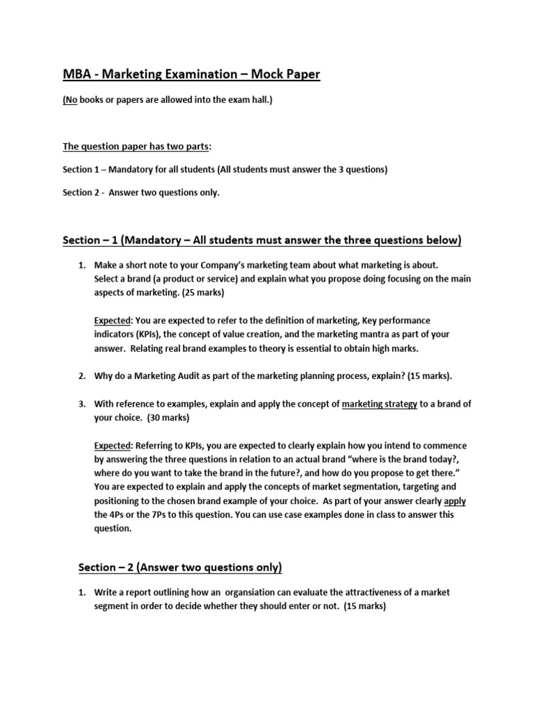 MBA Marketing Examination Mock Paper | PDF