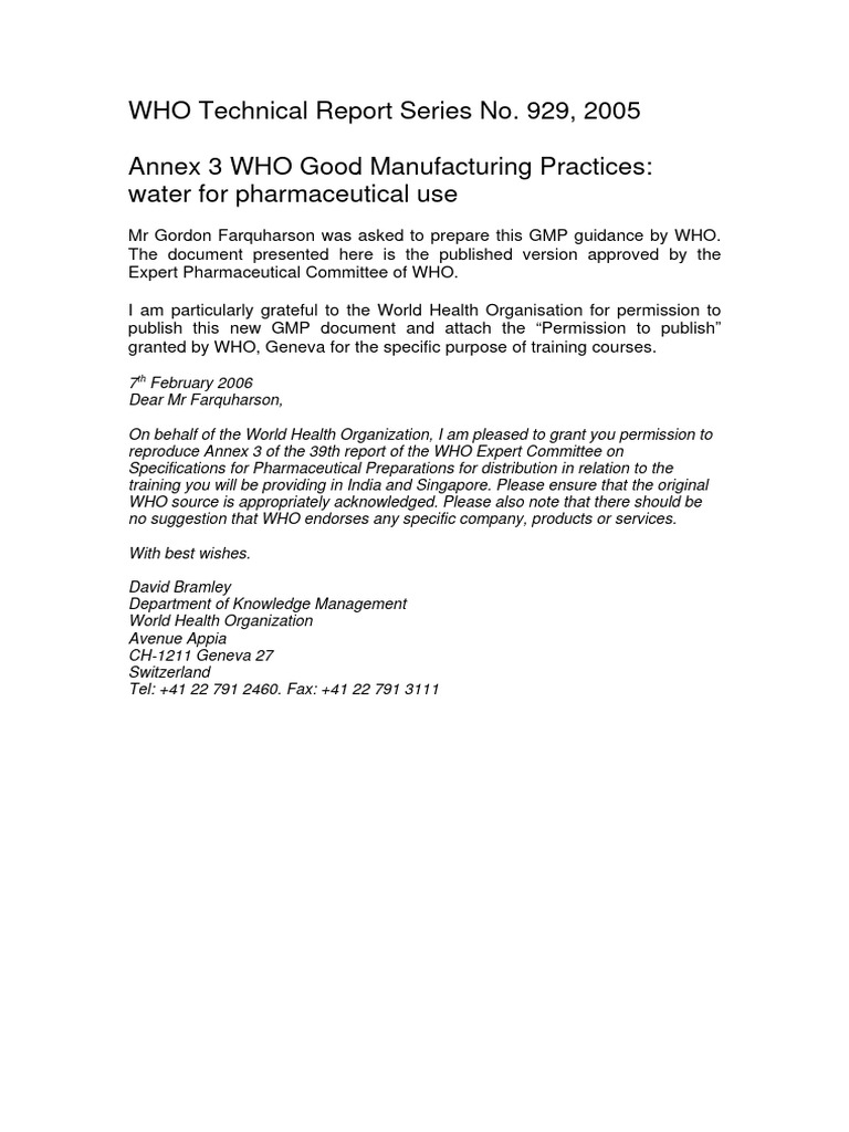WHO Annex 3 GMP-Water 7feb06 | PDF | Water Purification | Purified Water