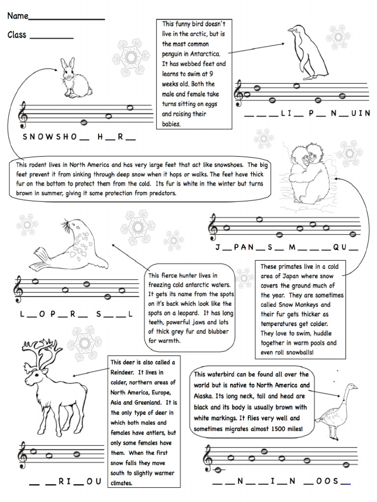 Winter Animals - Treble Clef Notes pg2 | PDF