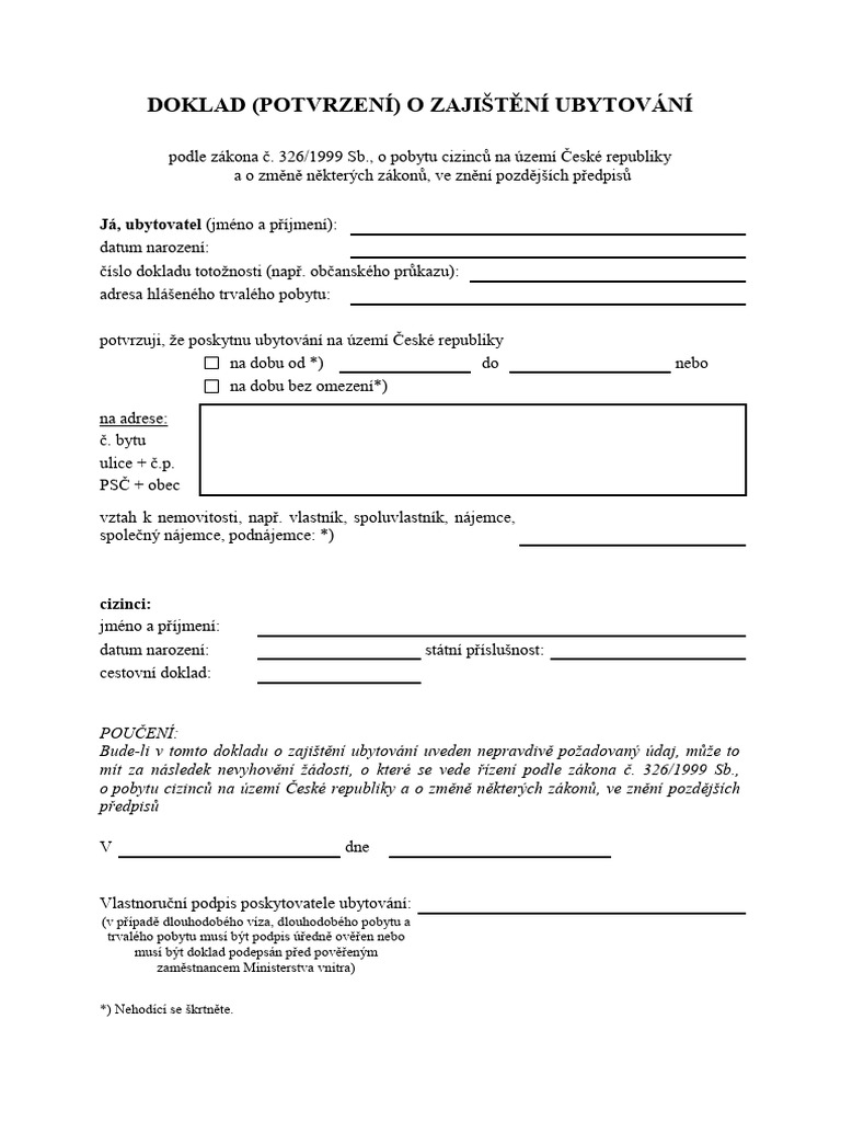 Doklad Potvrzeni o Zajisteni Ubytovani | PDF