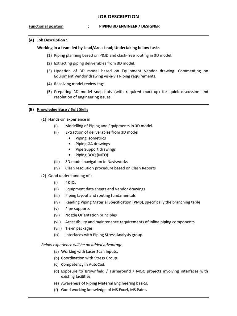 Piping 3D Engineer Job Description | PDF | Engineering | 3 D Modeling