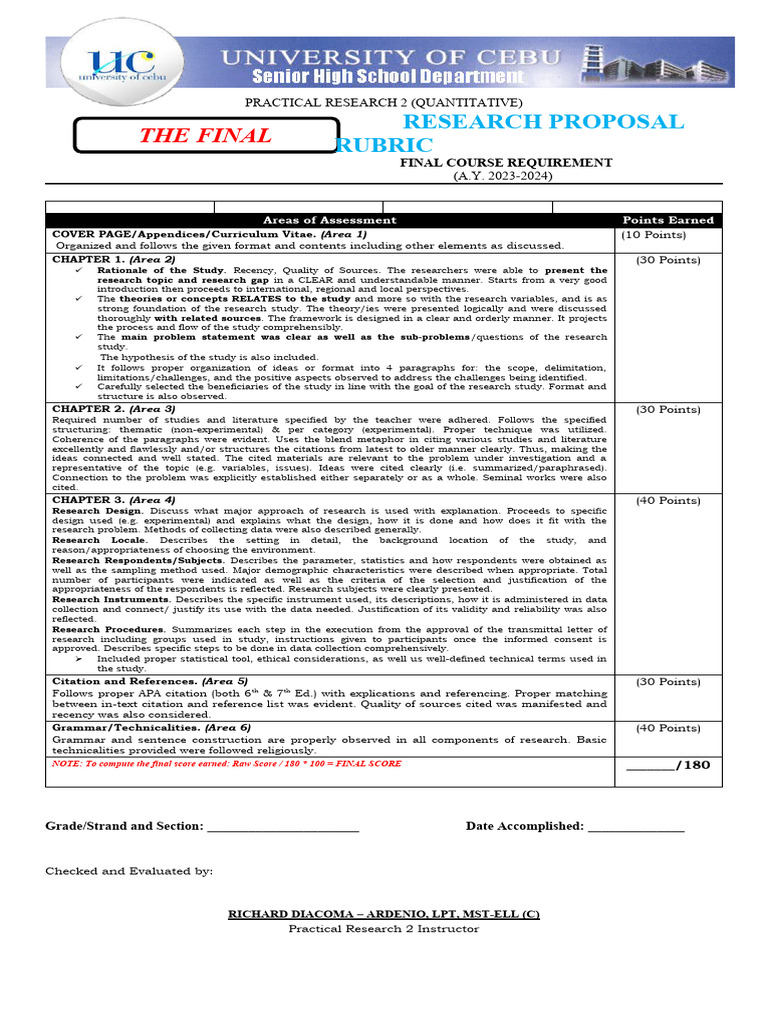 RESEARCH PROPOSAL RUBRIC | PDF | Statistics | Data