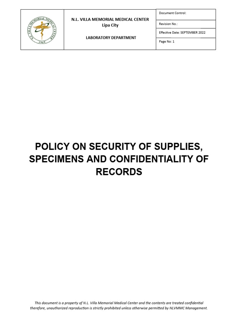 Policy On Security of Supplies Specimens and Confidential Records | PDF