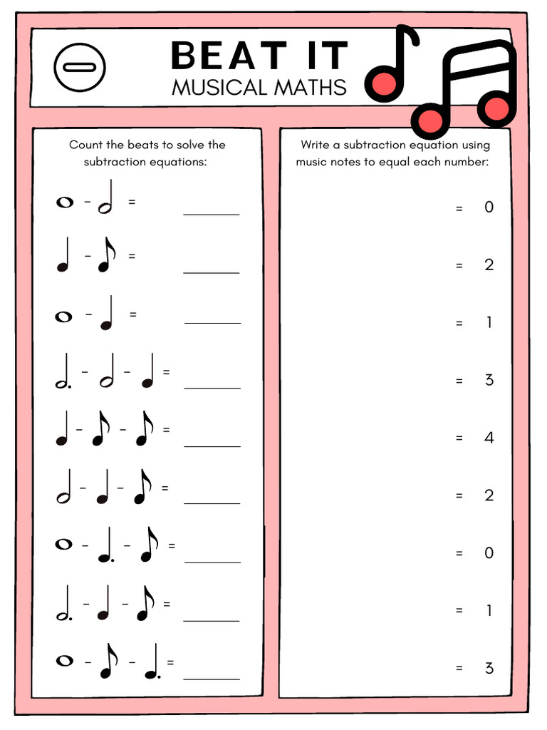Music Maths Subtraction Worksheet | PDF