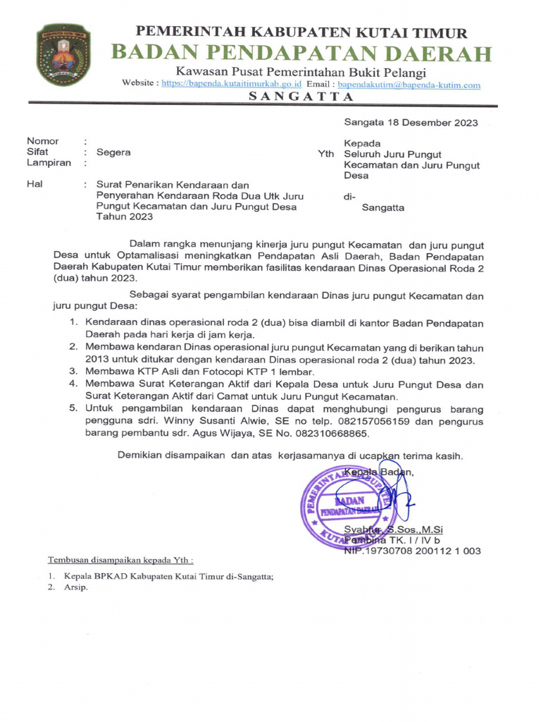 SURAT PENARIKAN KENDARAAN DAN PENYERAHAN KENDARAAN RODA 2 UNTUK JURU ...