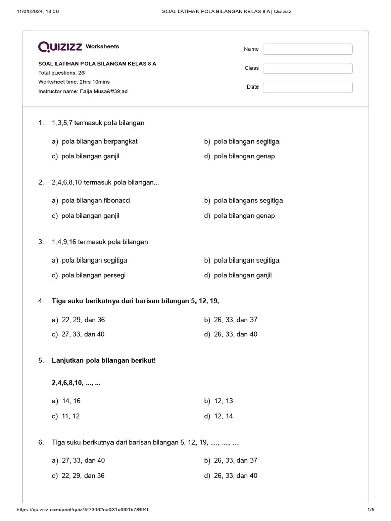 Soal Latihan Pola Bilangan Kelas 8 | PDF
