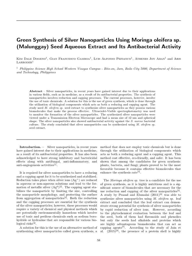 Green Synthesis of Silver Nanoparticles Using Moringa Oleifera Sp. Malunggay Seed Aqueous ...