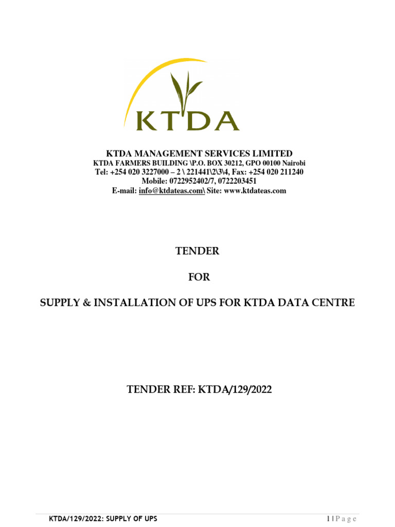 Tender Doc-Supply & Installation of UPS for KTDA Data Centre | PDF ...