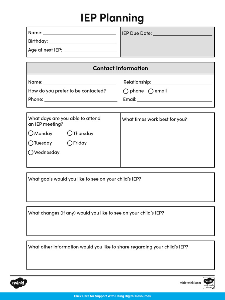 Digital IEP Planning Form for Parents to Fill Out for Special Education ...