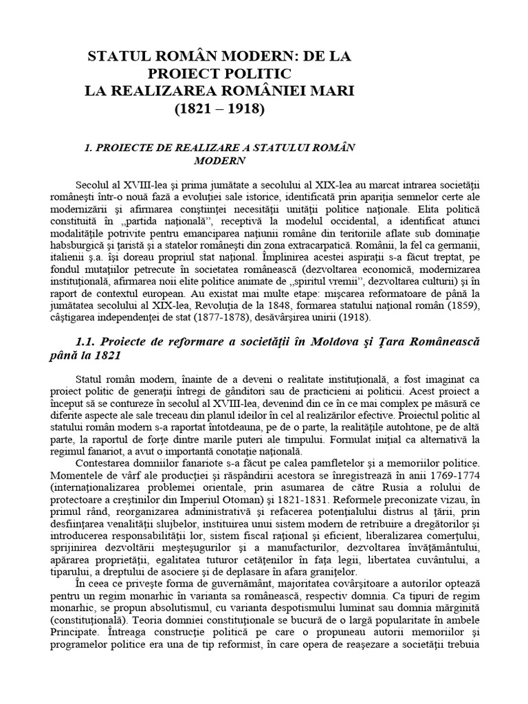 Statul Român Modern de La Proiect Politic | PDF