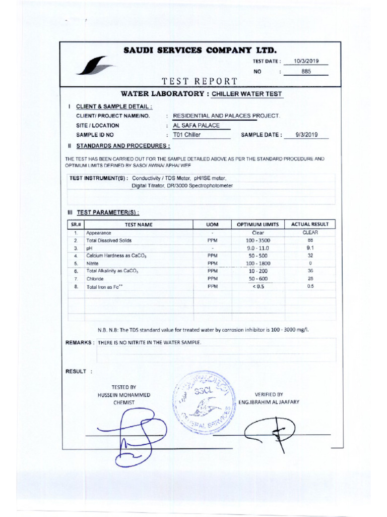 Chiller Water Test | PDF