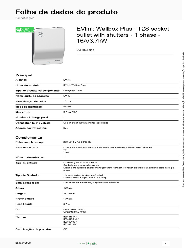 EVlink Wallbox - EVH3S3P04K | PDF | Química | Ciências Físicas