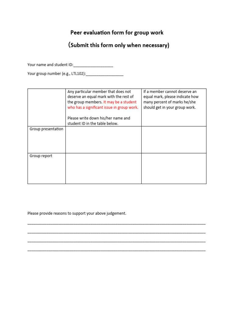 Peer Evaluation Form For Group Work | PDF