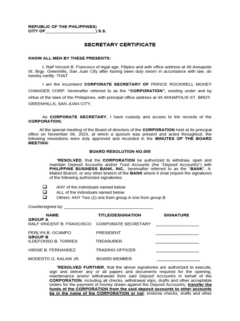 Secretary's Certificate-Format PBB PRMC | PDF | Banks | Finance & Money ...