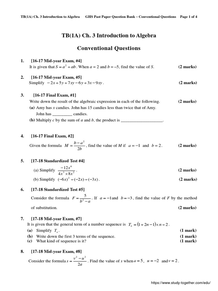 Good Hope School - 16 21 1A Ch.3 Introduction To Algebra CQ | PDF | Sequence | Algebra