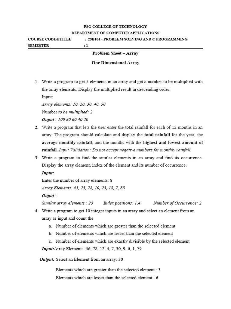 Problem Sheet - Array | PDF | Matrix (Mathematics) | Mathematics