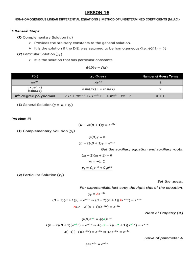 Notes Method of Undetermined Coefficients M.U.C. | PDF | Calculus | Algebra