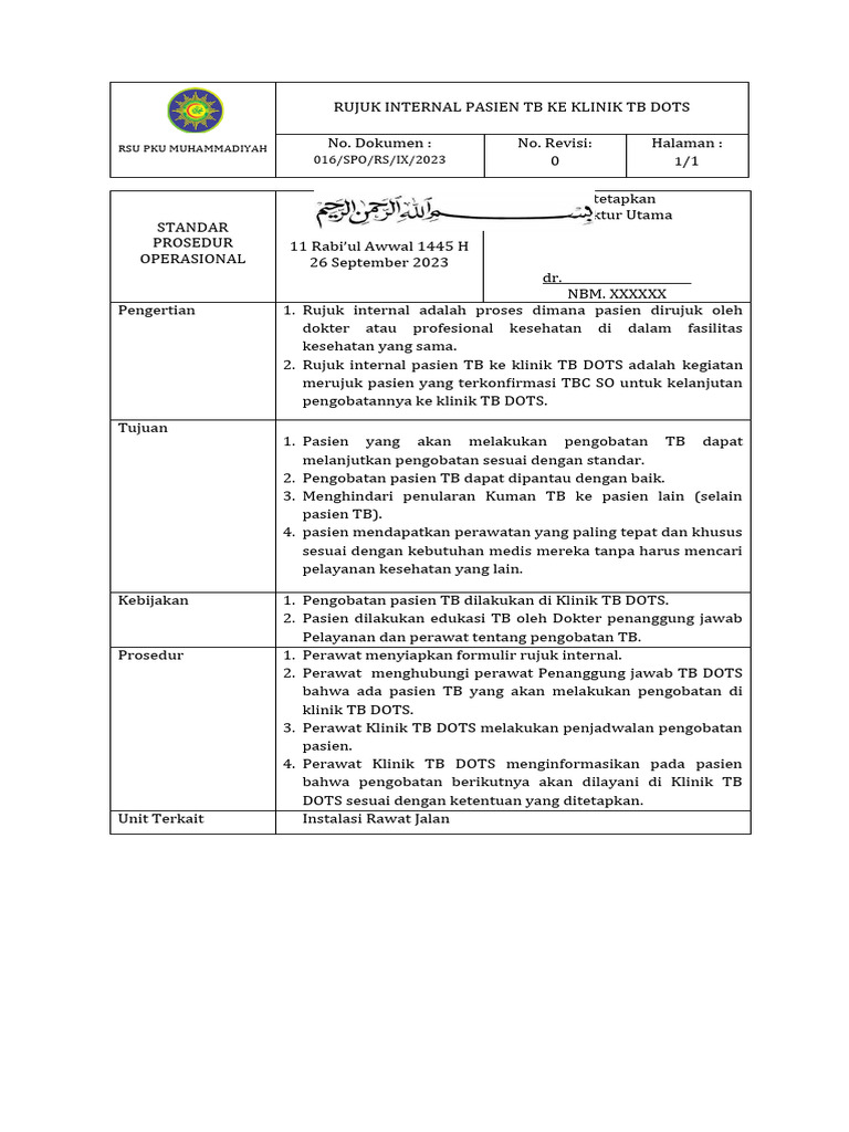 SPO Pasien TB Rujuk Internal Pasien TB Ke Klinik TB DOTS | PDF