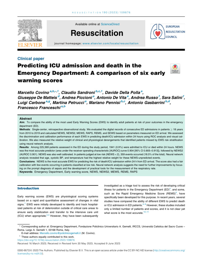 Predicting ICU Admission and Death in The Emergenc | PDF | Wellness ...