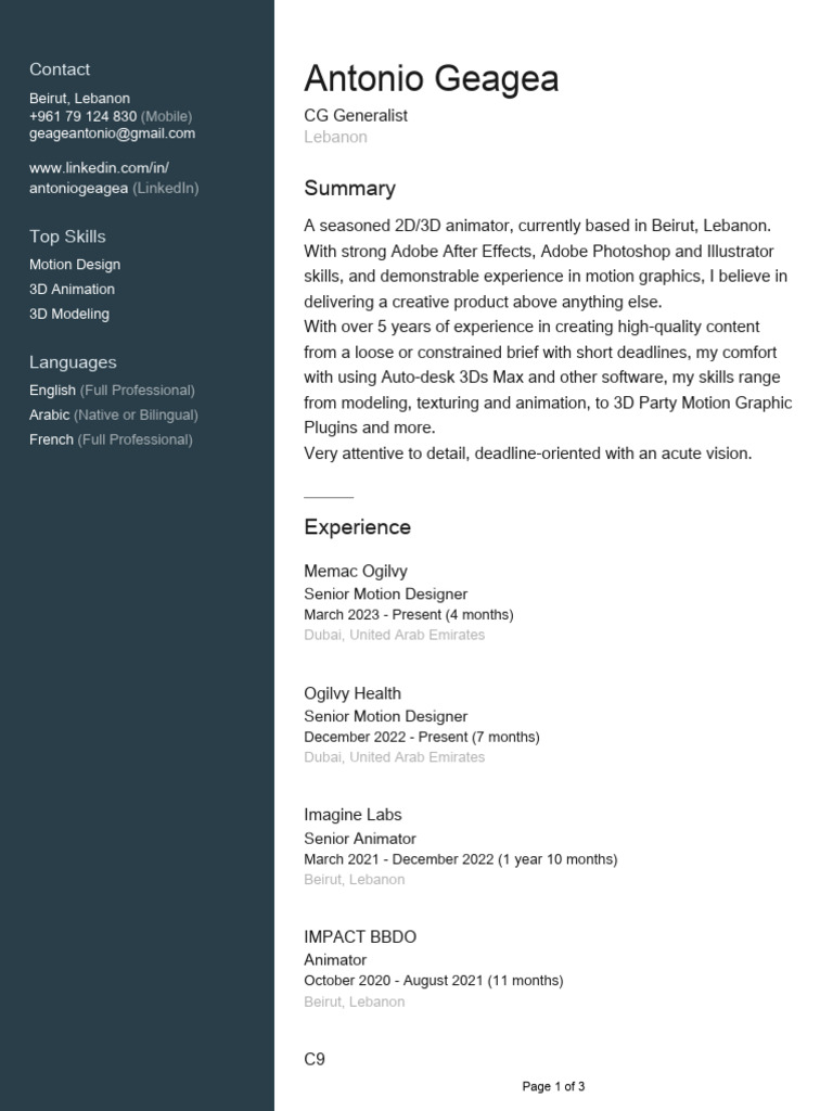Antonio Resume | PDF | Simulation | 3 D Computer Graphics