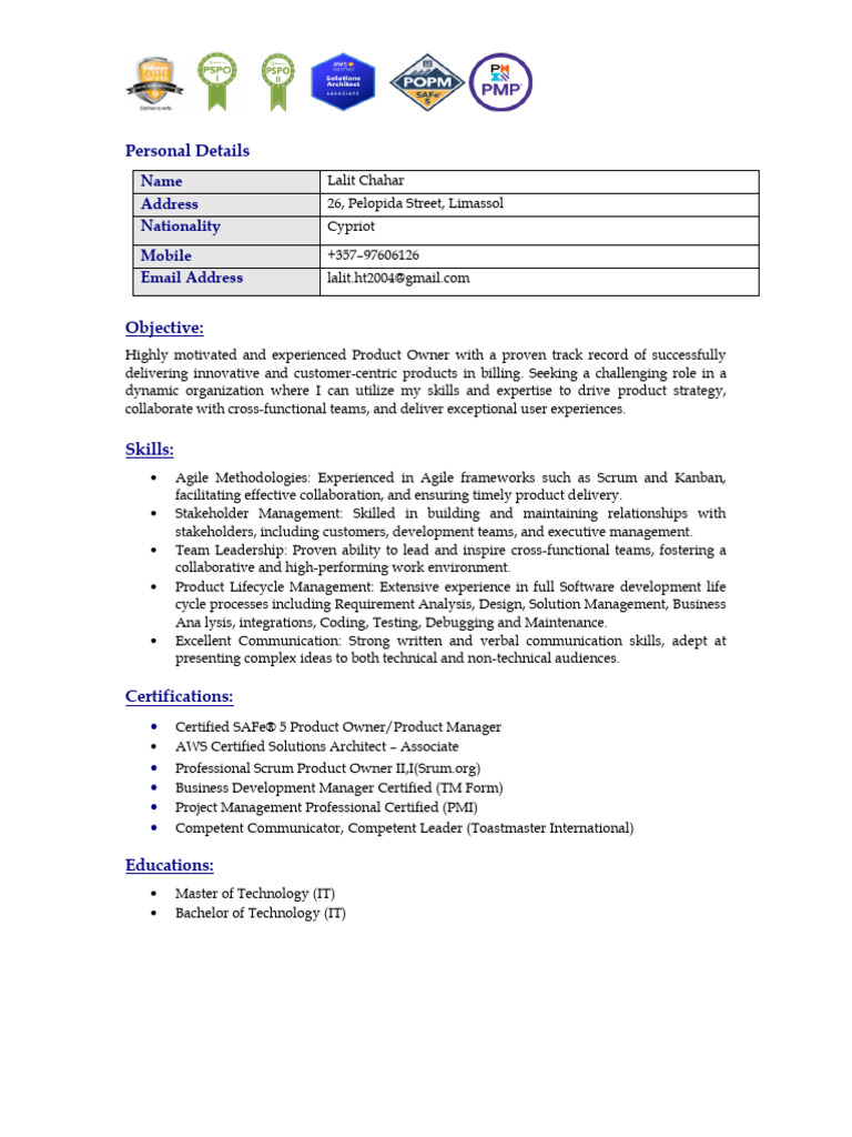 Lalit Chahar Resume Aug01 | PDF | Scrum (Software Development) | Software Development Process