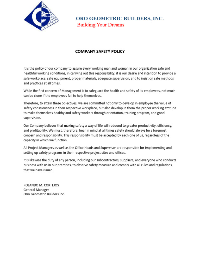 Company Safety Policy | PDF