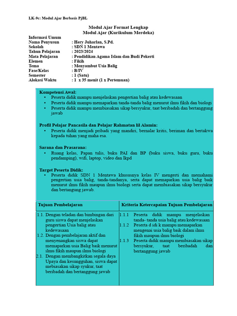 LK 9 PJBL Menyambut Usia Balig | PDF