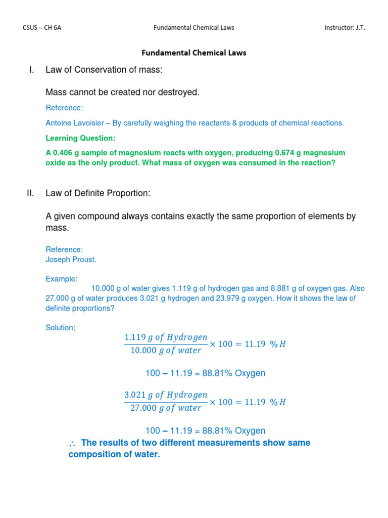 Fundemental Chem Laws | PDF | Chemical Reactions | Oxygen