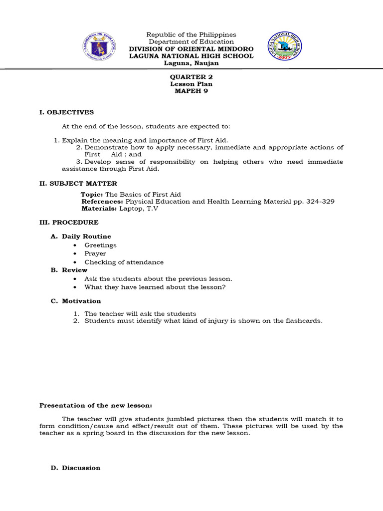 LP Cot 2nd Quarter First Aid Draft | PDF | First Aid | Teachers