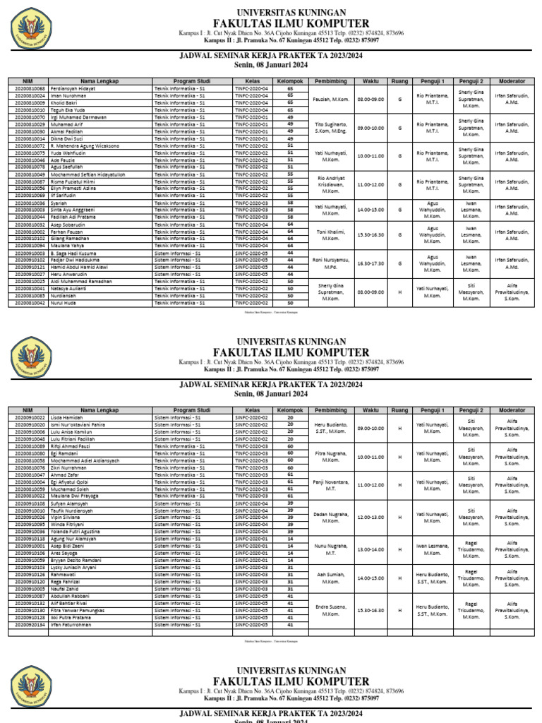 Jadwal Seminar KP 08 Januari 2024 | PDF