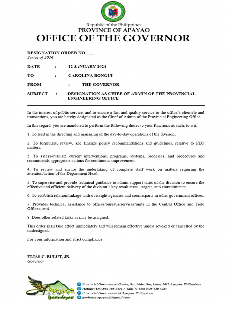Designation Order: Chief of Admin PEO | PDF