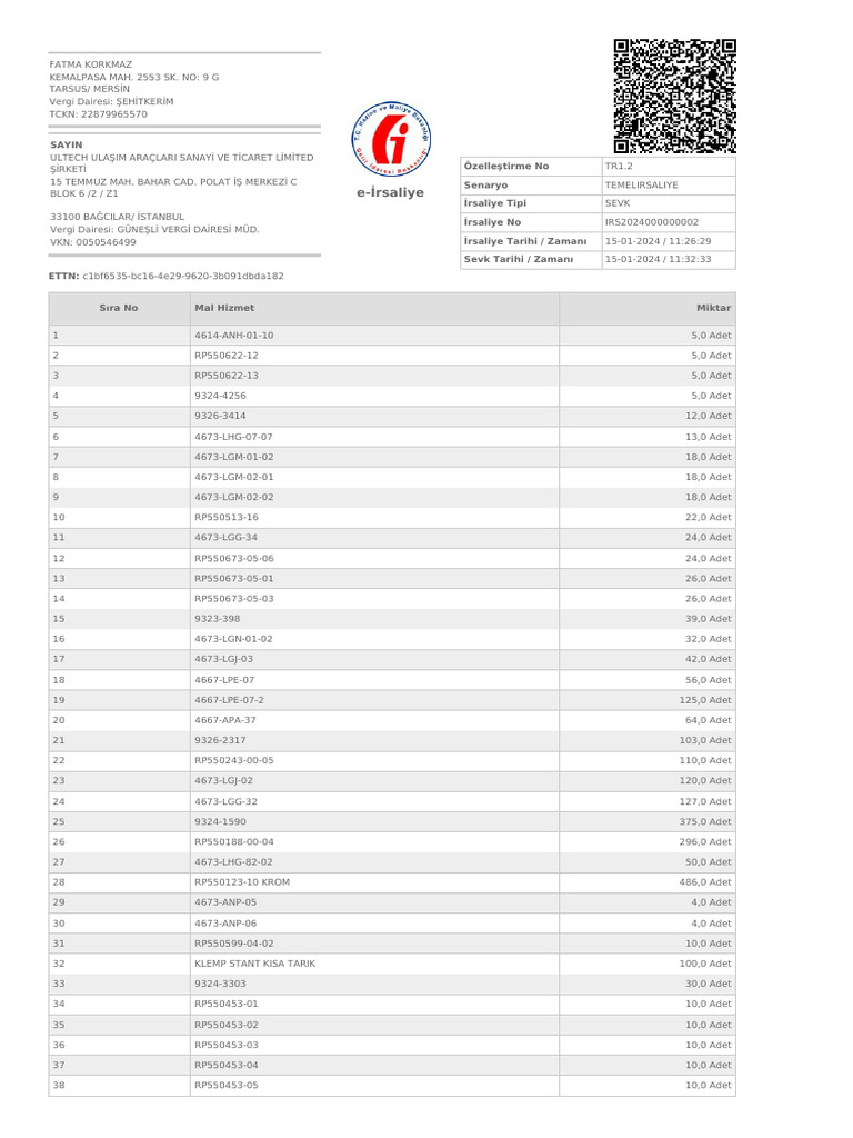 Sevk İrsali̇ye Ayaz Lazer 15.01.2024 | PDF