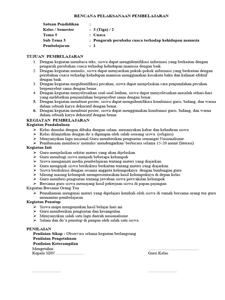 RPP 1 Lembar Kelas 3 Tema 5 Subtema 3 Pembelajaran 1 | PDF | Seni & Disiplin Bahasa | Kajian ...